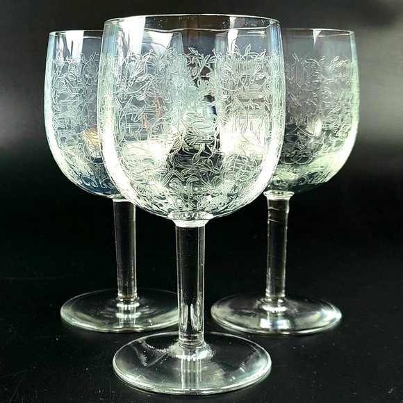 Dining | Vintage Etched Water Goblets Smooth Stem No Trim Set Of 3 ...